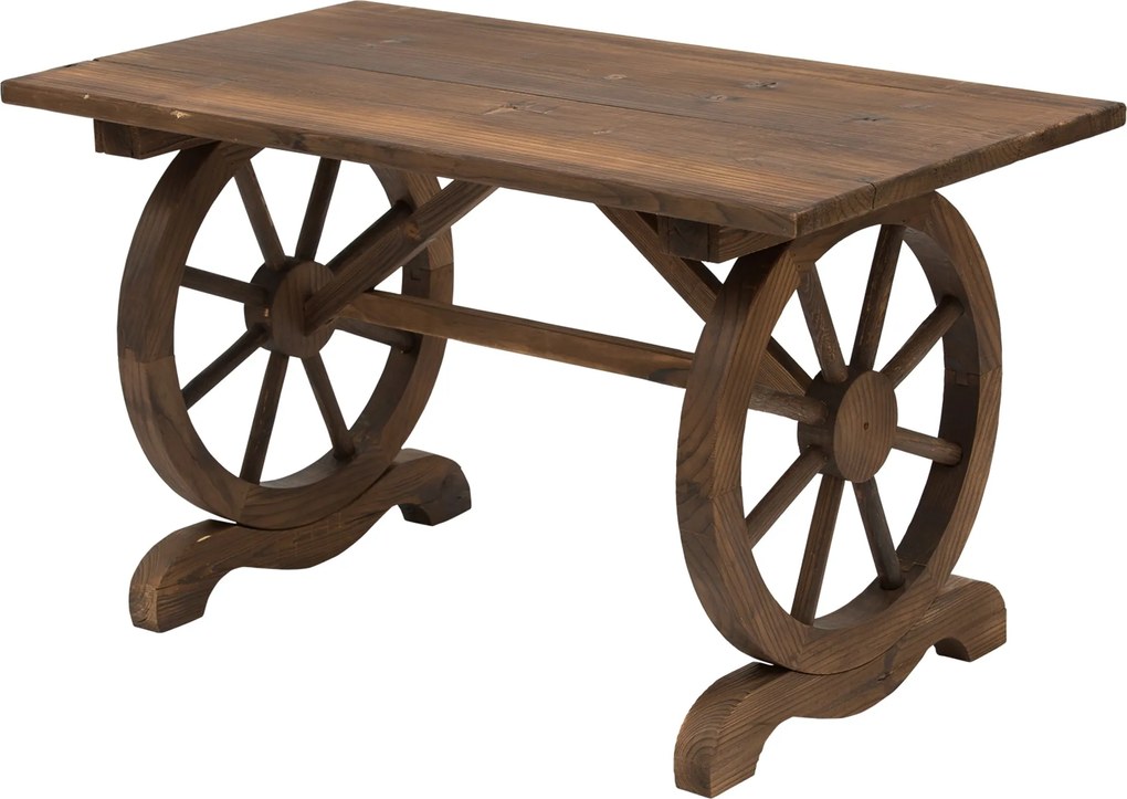 Dřevěný zahradní stůl Outsunny, venkovní stůl na terasu 110x60x65 cm s nohami ve tvaru kol, nosnost 100 kg, stůl pro venkovní terasu s povrchovou úpra
