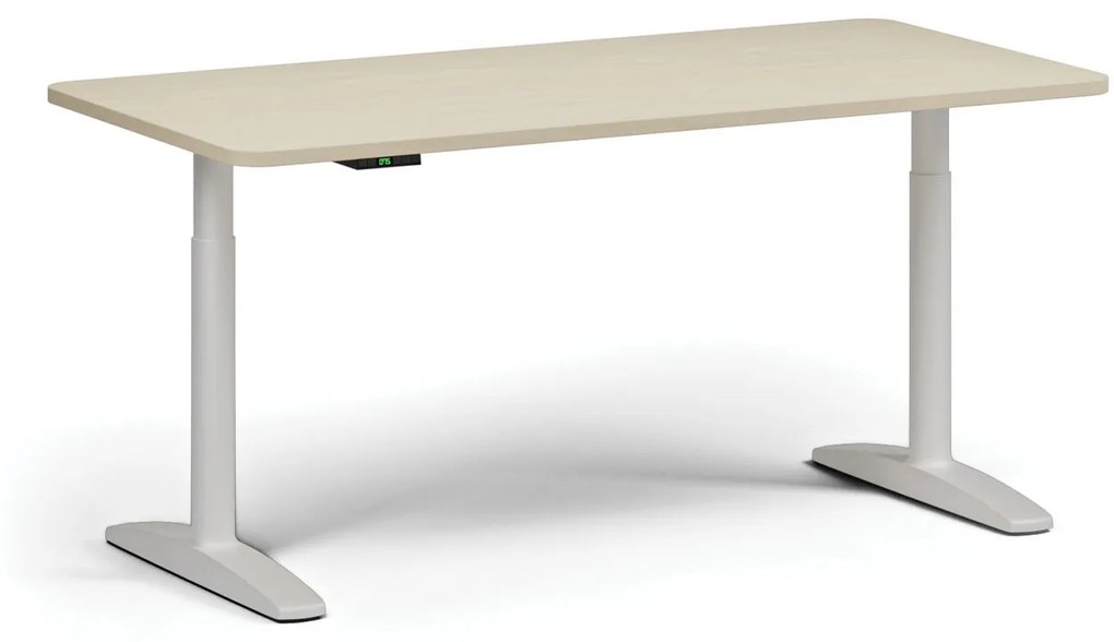 Výškově nastavitelný stůl OBOL, elektrický, 675-1325 mm, zaoblené rohy, deska 1600x800 mm, bílá zaoblená podnož, bříza