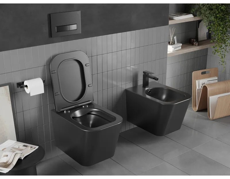 Mexen Teo závěsné wc Rimless s toaletním Slim sedátkem z duroplastu, černá matná - 30850685