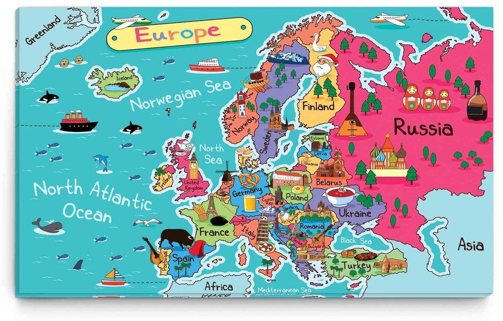 Malvis ® Dětský obraz Mapa Evropa Velikost: obdélník - 100x60 cm