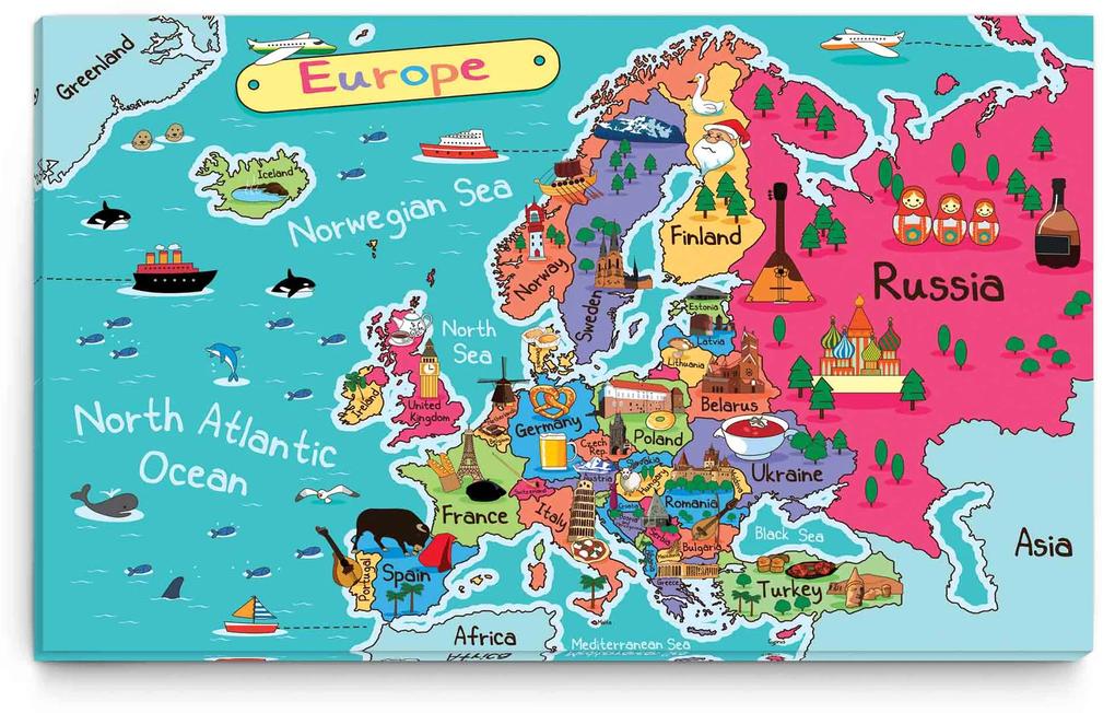 Malvis ® Dětský obraz Mapa Evropa Velikost: třídílný obdélník - 120x80 cm