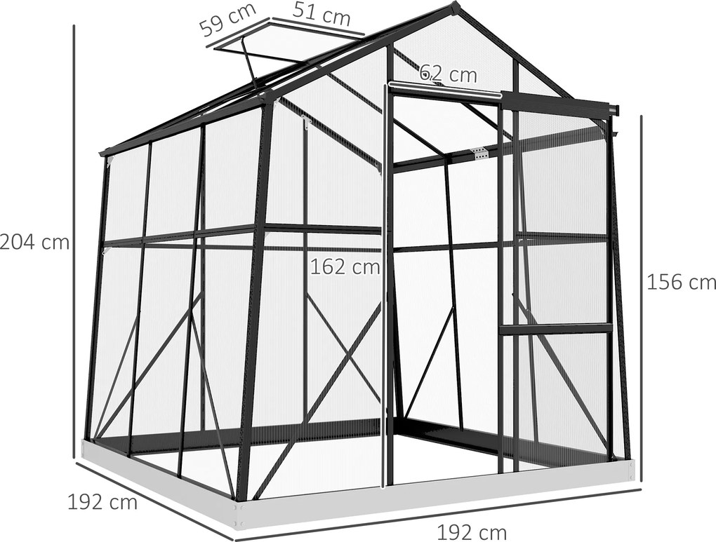 Outsunny skleník hliníkový 192 x 204 cm Skleník 3,68 m² s oknem, posuvnými dveřmi a základem pro pěstování rostlin Černá