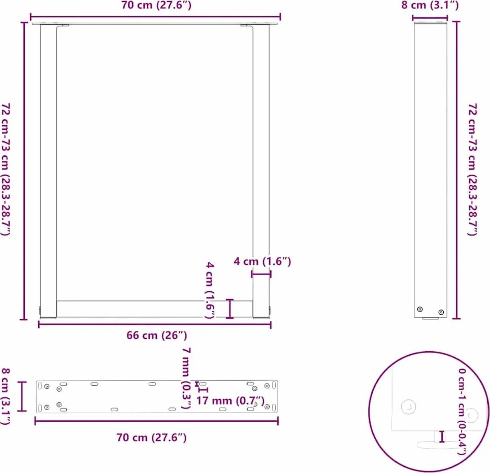 vidaXL Nohy k jídelnímu stolu ve tvaru U, 2 ks, ocel, 70 x (72-73) cm, ocel [4013185] Barva: Přírodní