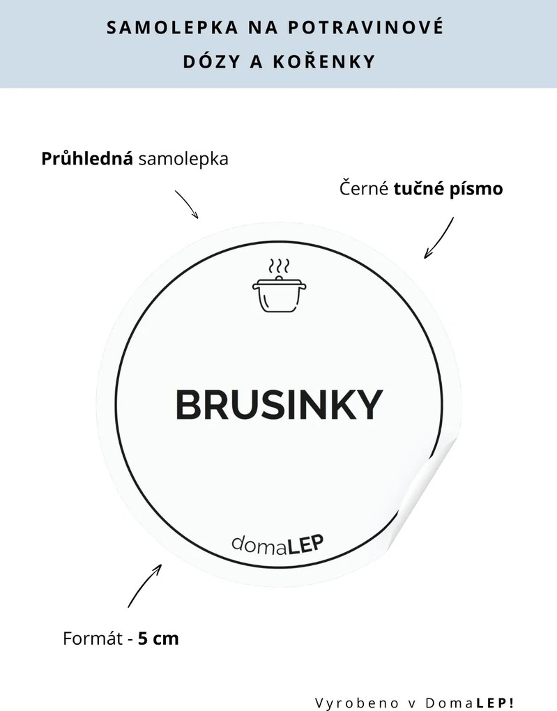 BRUSINKY – průhledná samolepka na dózu, tučné písmo, 5 cm | DomaLEP