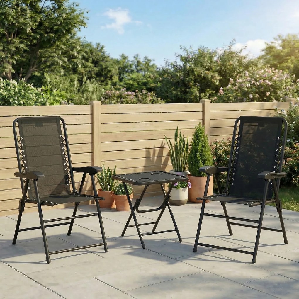 Outsunny Bistro set 3dílný ocelový zahradní nábytek odolný proti povětrnostním vlivům se skládacím bistro stolem držák na pohár zahradní židle černá