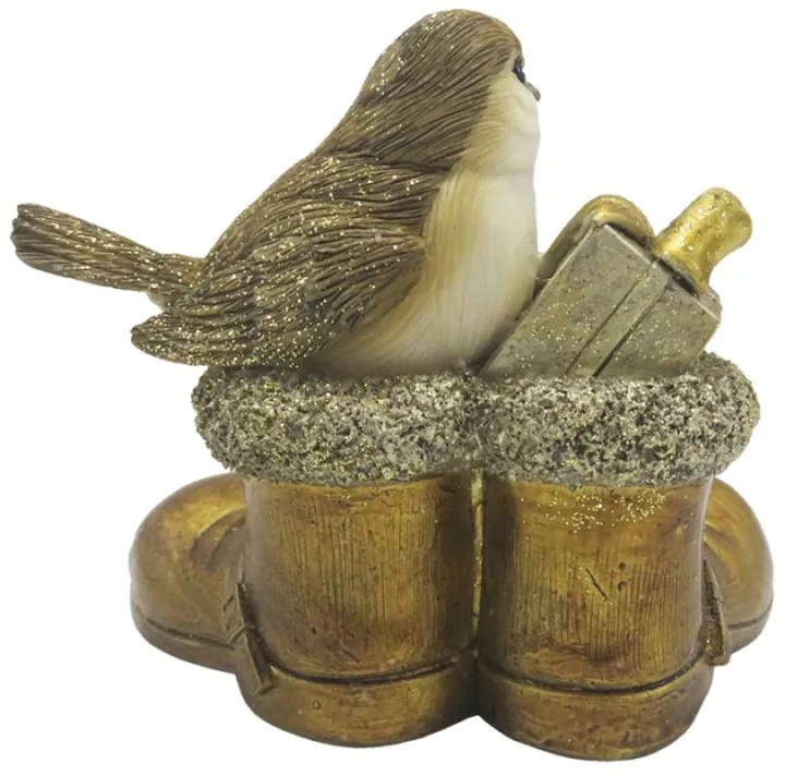 Zlatá antik vánoční dekorace ptáček s dárkem – 10x7x9 cm
