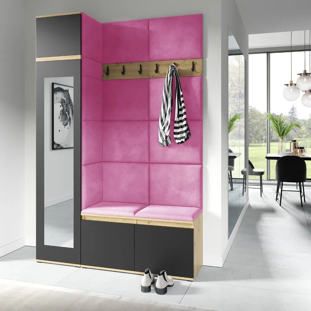 Eka Předsíňová stěna s čalouněnými panely Trinity 22 - Dub Artisan s černou / Růžová 2310