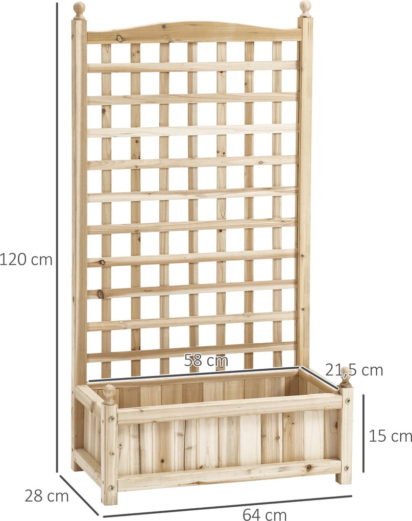 Vyvýšený zahradní truhlík Outsunny s treláží a obloukem pro popínavé rostliny, 64 x 28 x 120 cm