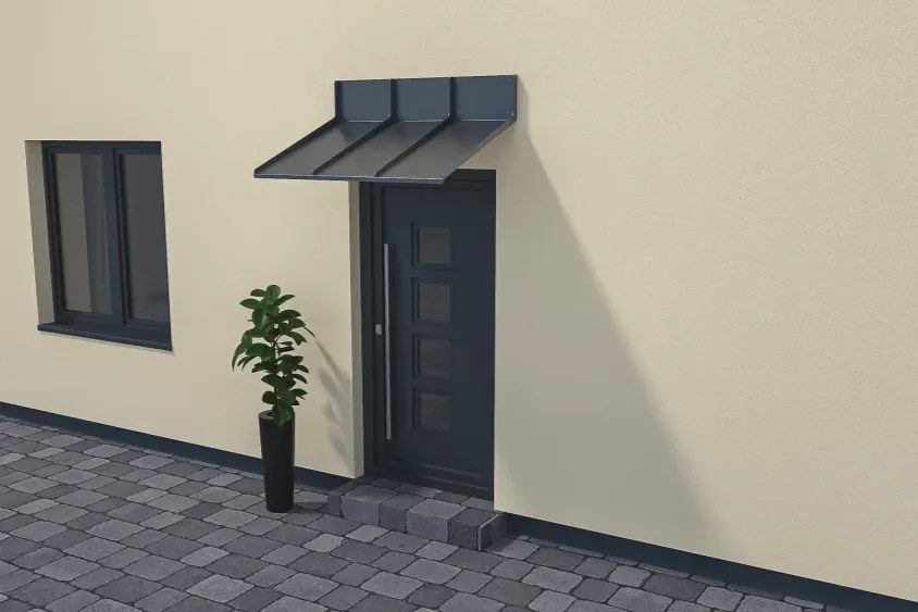 Kovová stříška nad dveře RainBlock 124 x 85 cm ✔ Závitové tyče (12 ks) – zateplená fasáda ✔ Barva vlastního výběru + pozink