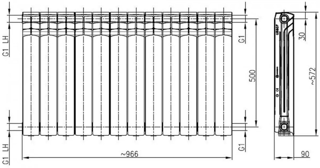 Armatura Radiátor HLINÍKOVÝ G500F 13-segmentový WHITE LEVÉ rohové připojení (SADA)