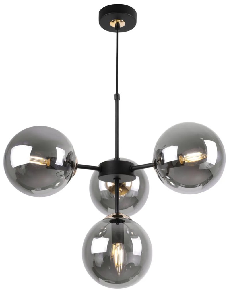 Light for home - Černé Závěsné Svítidlo se Zlatými Prvky a Regulací Délky, 4 Grafitová Transparentní Stínidla "IMPERIA", 4x40W, E14, Černá