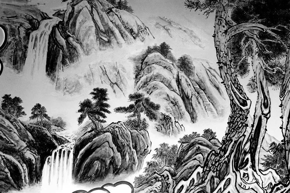 Samolepící tapeta čínská černobílá krajinomalba - 450x300 cm