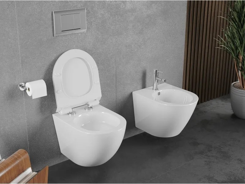 Mexen Lena, závěsná WC mísa 490x360x340 mm, Rimless Tornádo + toaletní WC sedátko z duroplastu, bílá lesklá, 30224000T