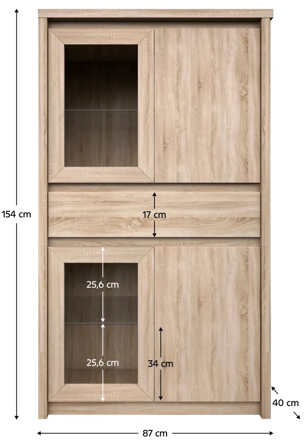 Kondela Vitrína s šuplíkem 2W2D1S, dub sonoma, NORTY TYP 7