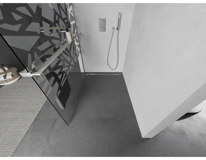 Mexen Kioto+, sprchová zástěna Walk-In s poličkou a věšákem 130 x 200 cm, 8mm čiré sklo bílý vzor, broušená ocel profil, 800-130-121-97-85