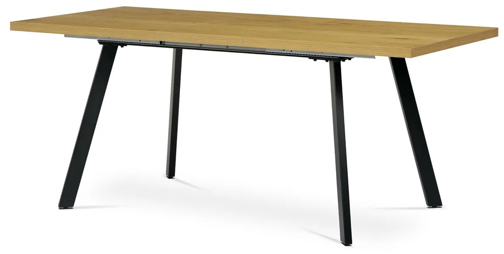 Jídelní stůl 140+40x85x75 cm, deska melamin, 3D dekor divoký dub, kovové nohy, černý mat
