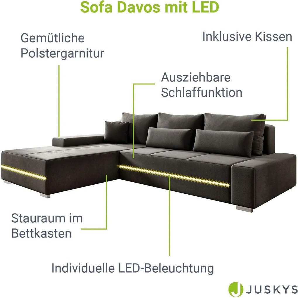 Juskys Rozkládací sedací souprava Davos s LED osvětlením Barva: světle šedá, Provedení: pravé