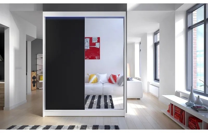 Šatní skříň Belgia I, Barva: černá + černá + zrcadlo, Osvětlení: osvětlení LED RGB - barevné