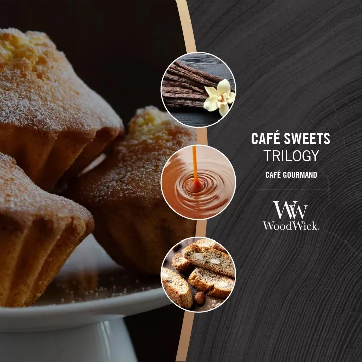 WoodWick – Trilogy svíčka Café Sweets (Dezert v kavárně) Velikost: střední 275 g