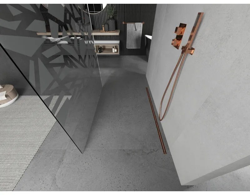 Mexen Kioto, průchozí sprchová zástěna 110 x 200 cm, 8mm sklo čiré/bílý vzor, 2x růžové zlato stabilizační rozpěra, 800-110-002-60-85