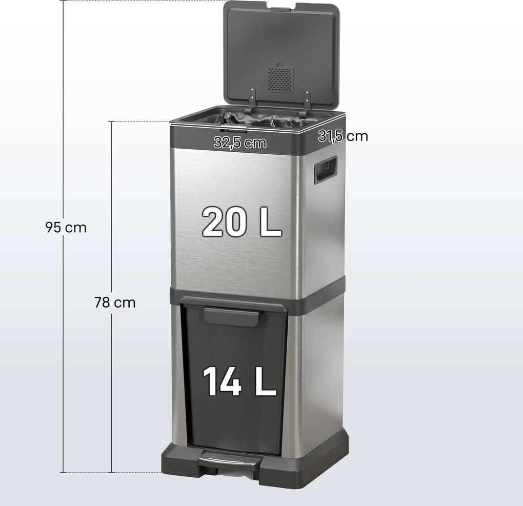 Odpadkový koš 20+14 l Pedálový koš s víkem Nožní pedál Výklopná přihrádka Vyjímatelný vnitřní koš, nerezová ocel 32,5 x 31,5 x 78 cm Stříbrná barva