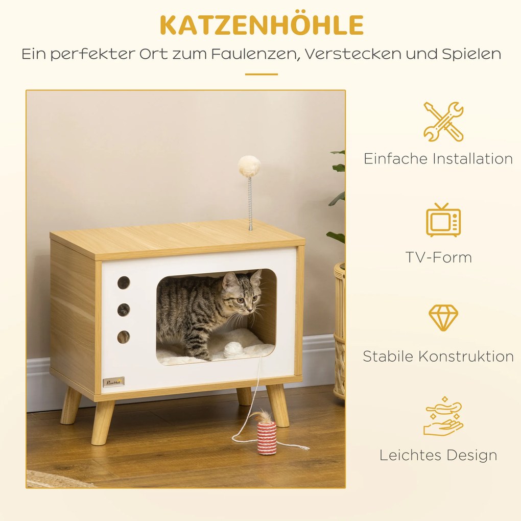 Domeček pro kočky PawHut v TV designu, míček a polštářek v ceně, koš pro kočky, dub/béžová/bílá, 50x28x43cm