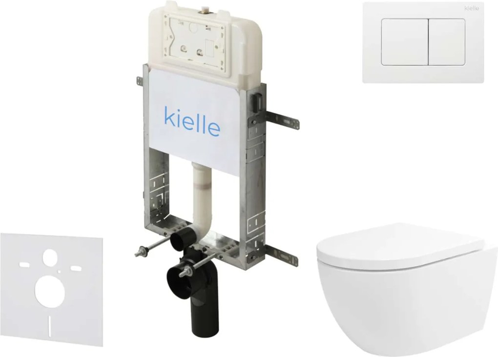 kielle Genesis New - Set předstěnové instalace, klozetu Oudee, Vortex Rimless+, sedátka softclose a tlačítka Gemini New III, lesklá bílá 30528SZ25