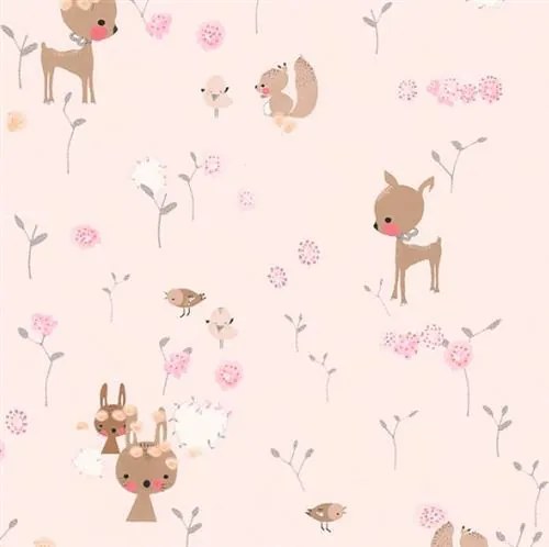 Papírové tapety na zeď Boys & Girls lesní zvířátka na růžovém podkladu