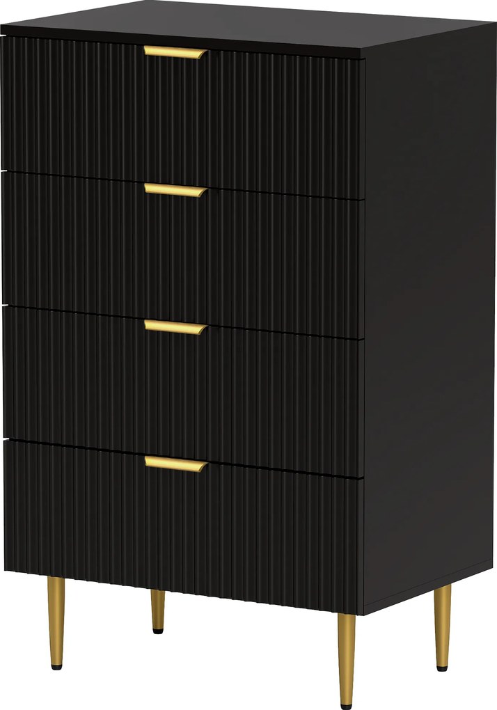 HOMCOM komoda se 4 zásuvkami, ložnicová komoda, moderní úložný nábytek s úchyty a zlatými nohami, rozměry 60 x 40 x 96 cm, černá