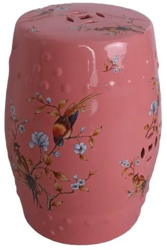 Porcelánovy sedaci buben s růžovou glazurou a malovanými ptačími motivy 45 cm