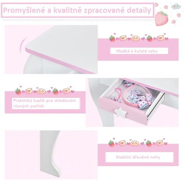 Costway Dětský toaletní stolek se zrcadlem a stoličkou, bílo-růžový, 49 x 35,5 x 89 cm HY10287WH