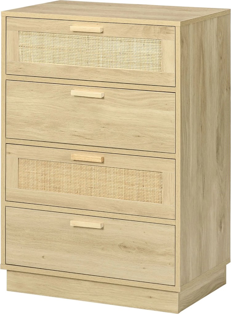 HOMCOM Noční stolek s rattanovými mřížkovými zásuvkami, bohémský styl, komoda do ložnice s protiskluzovým systémem 60x38x88,5 cm přírodní