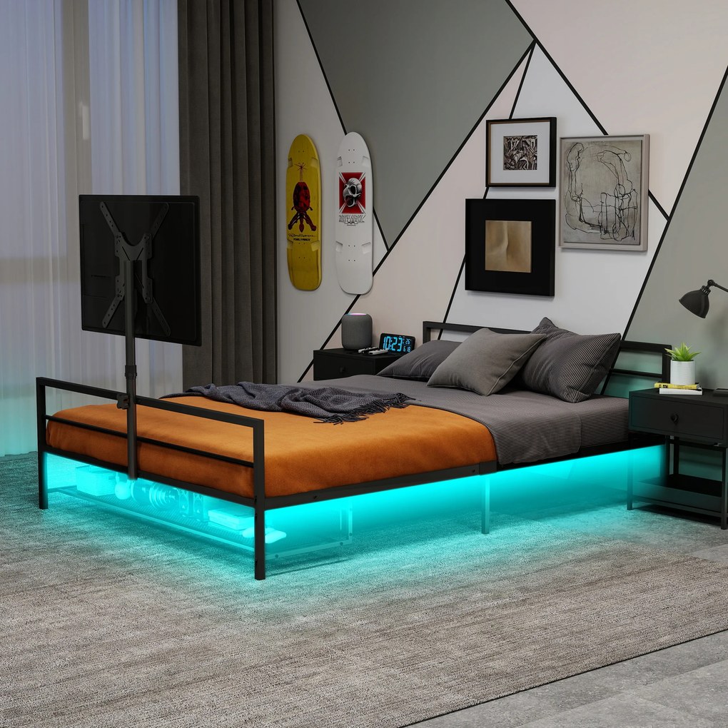 ČERNÁ KOVOVÁ HERNÍ POSTEL 206 CM, LED, NASTAVITELNÁ A KOŠE POD POSTELÍ