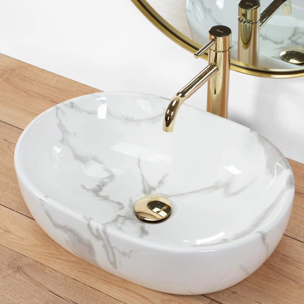 Rea Amelia Marmo Shiny, keramické umyvadlo na desku 480x345x135 mm, imitace kamene, REA-U8001