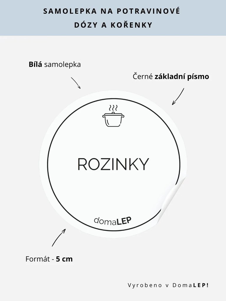 ROZINKY – bílá samolepka na dózu, základní písmo, 5 cm | DomaLEP