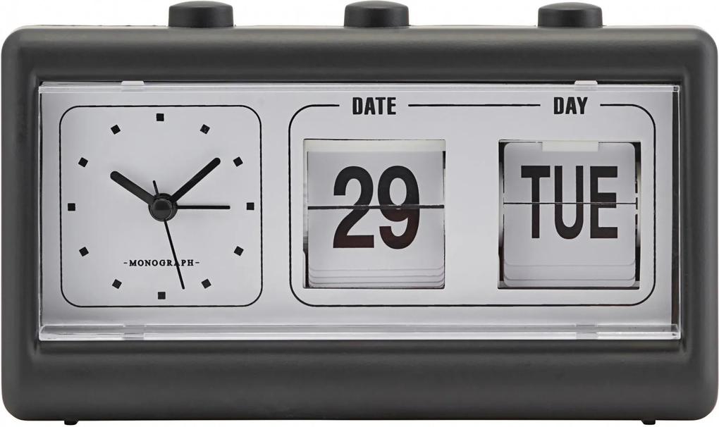 MONOGRAPH Retro hodiny s budíkem a kalendářem Black, černá barva, plast