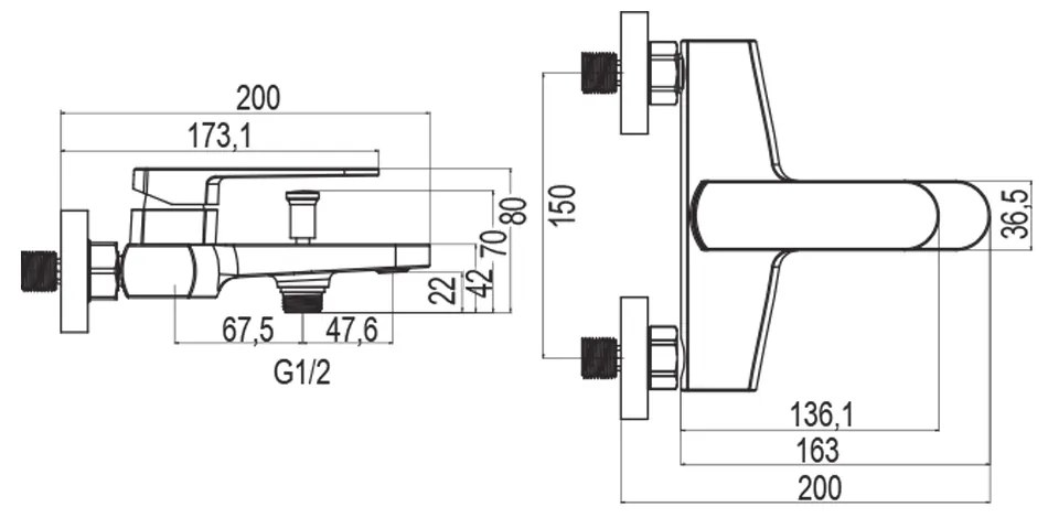 Mereo Mada vanová nástěnná baterie 150mm bez příslušenství mosaz chrom CBQ90103M