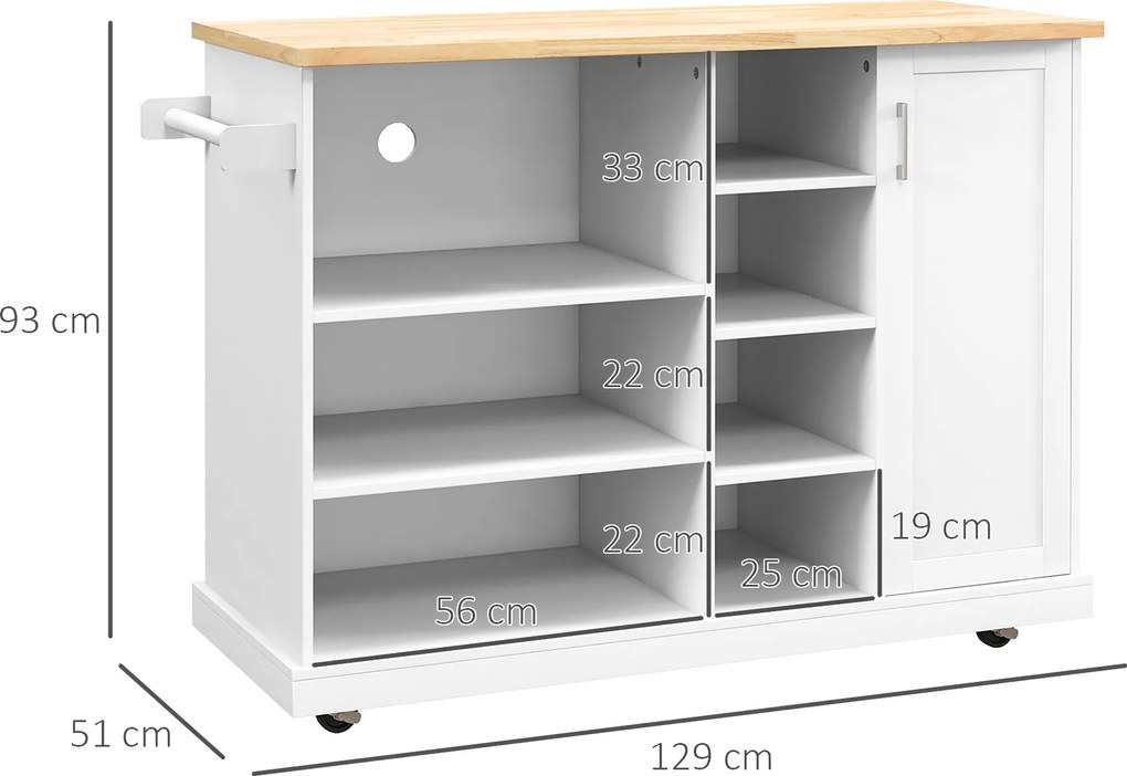HOMCOM Kuchyňský Ostrov Trolley, Vozík, Kuchyňský Vozík, 7 Otevřených Přihrádek, 1 Skříňka s Dveřmi, 129 x 51 x 93 cm, Dřevo a Bílá