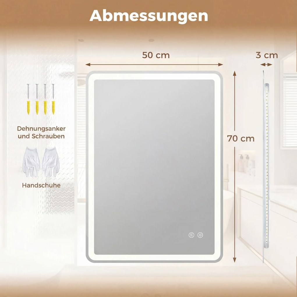 Costway Koupelnové zrcadlo s LED osvětlením a nástěnné zrcadlo – 70 × 50 × 3 cm