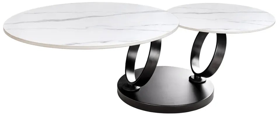 Massive home | Konferenční stolek DANCING RINGS 80-135 cm otočný keramický stůl s bílým mramorovým vzhledem
