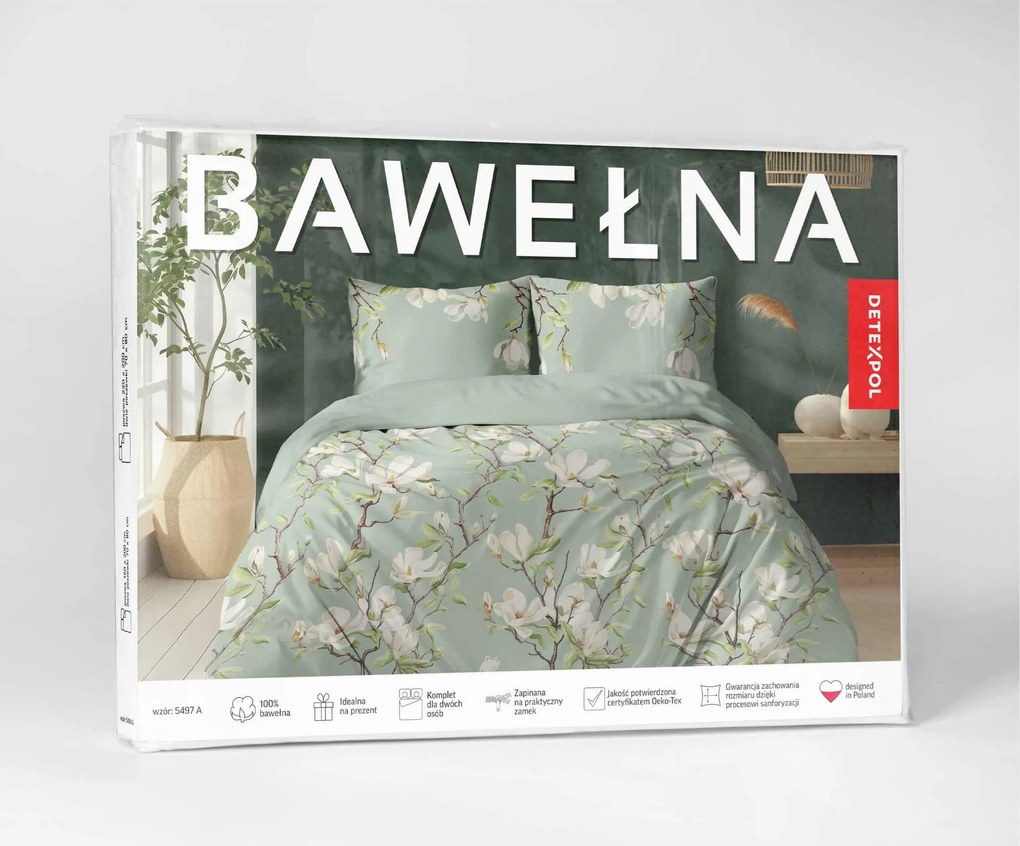 Detexpol Bavlněné povlečení v barvě mint s bílými květy magnólie – 220x200 – kolekce Naturalis – vzor 5497 A