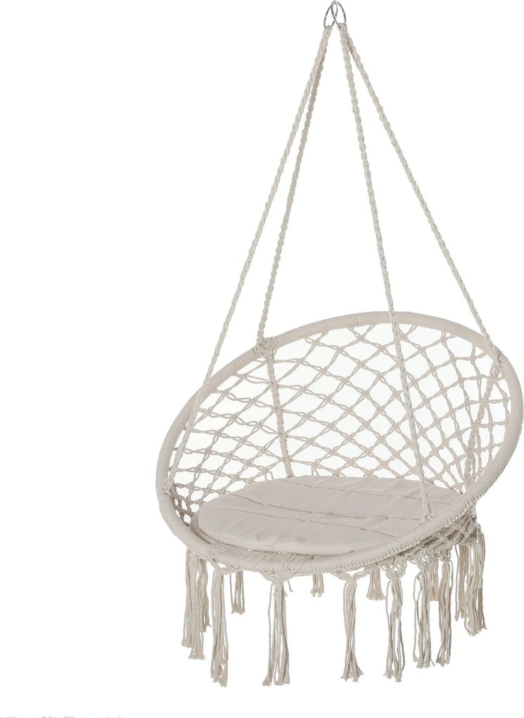 Outsunny Kulatý Závěsný Závěs s Ø60 cm Houpacím Křeslem s Polštářem a Bavlněným Lanem pro Vnitřní i Venkovní Použití 80x80x42 cm Béžová | Aosom