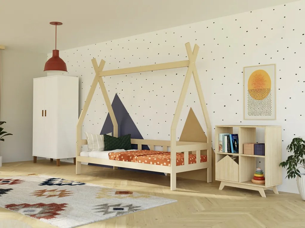 Benlemi Dětská teepee postel FENCE 4v1 ze dřeva se zábranou Zvolte barvu: Béžová, Zvolte rozměr: 90x160 cm, Zvolte zábranu: S otevřeným vstupem