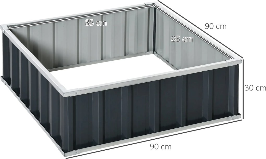 Zvýšený ocelový záhon Outsunny s otevřeným dnem, bez nářadí, držák na rostliny pro zeleninu, bylinky a květiny, 90x90x30 cm, tmavě šedý
