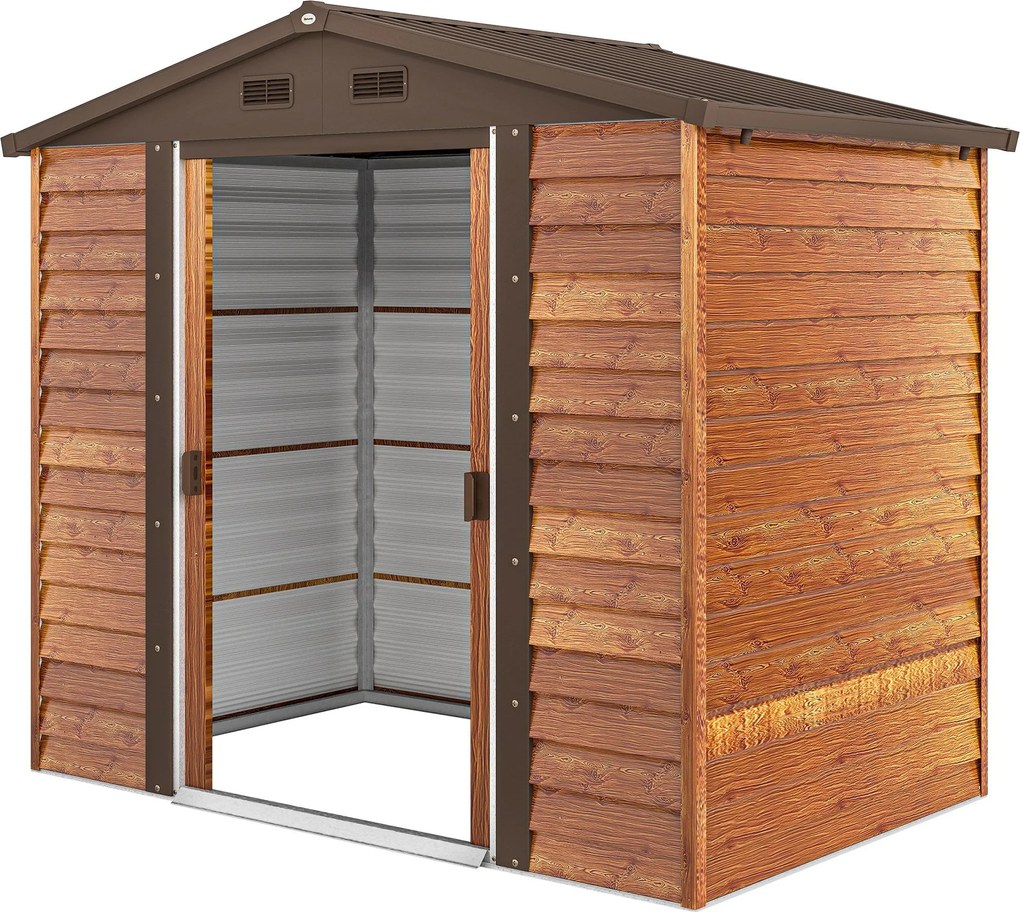 Outsunny Kovový Zahradní Kůlna s Dřevěným Vzhledem 3 m² 152 x 235,7 x 208,7 cm Sklad pro Nástroje s Šikmou Střechou, Okny a Dvoubarevnými Posuvnými Dv