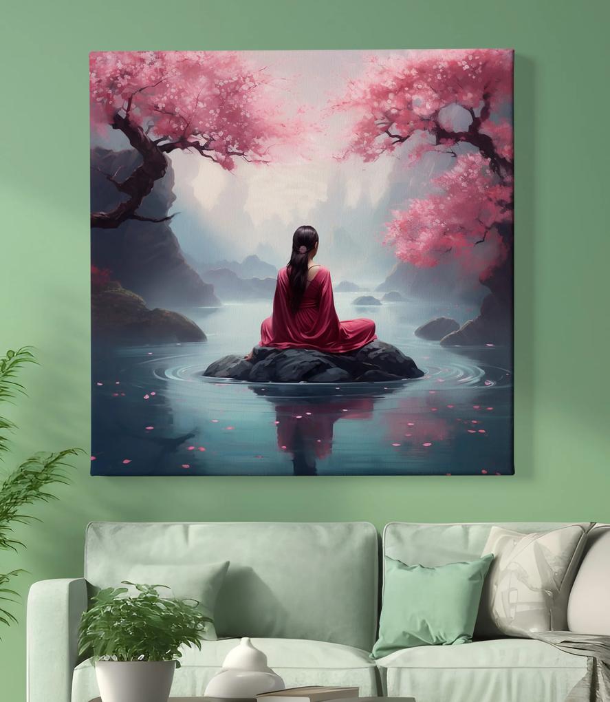 Obraz na plátně - Meditace, žena v červených šatech na ostrůvku FeelHappy.cz Velikost obrazu: 120 x 120 cm