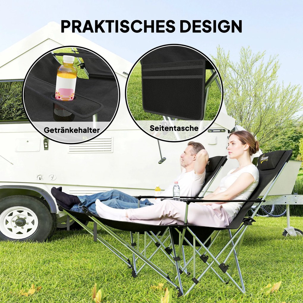 Outsunny Sada 2 skládacích campingových židlí s odnímatelným podnožníkem, držákem na nápoje, opěrkou hlavy, zahradní židle, nosnost 120 kg, lehátko p…