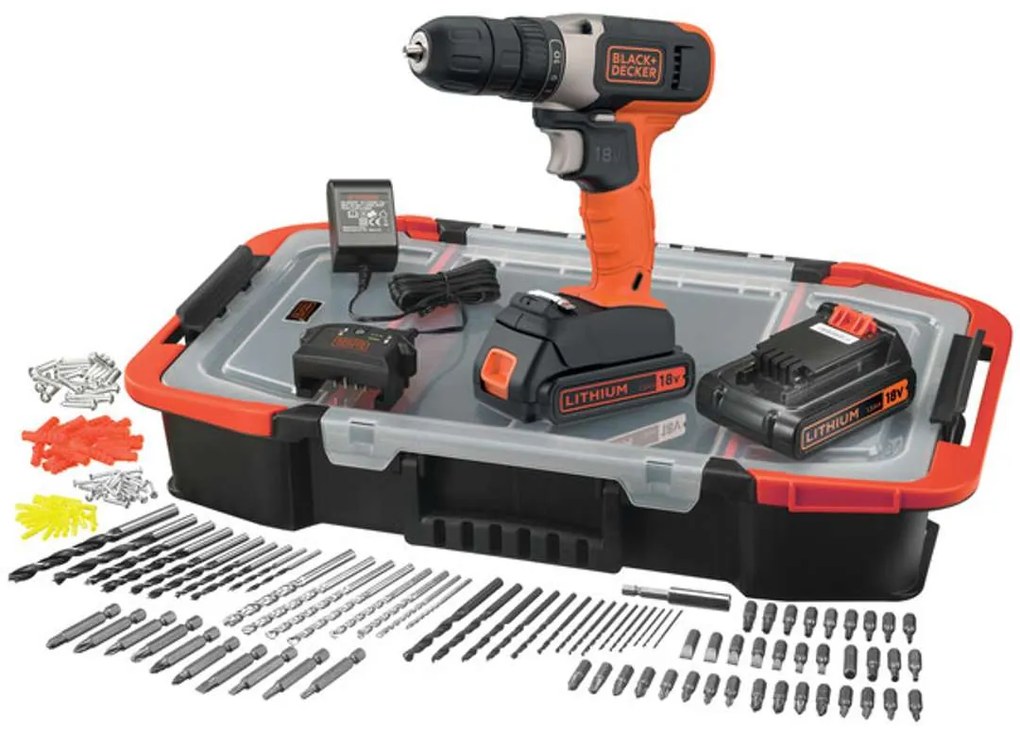 BLACK+DECKER Nářadí - 18V AKU vrtací šroubovák s příslušenstvím, 2x aku 1,5 Ah Li-Ion, nabíječka BCD001BAST-QW