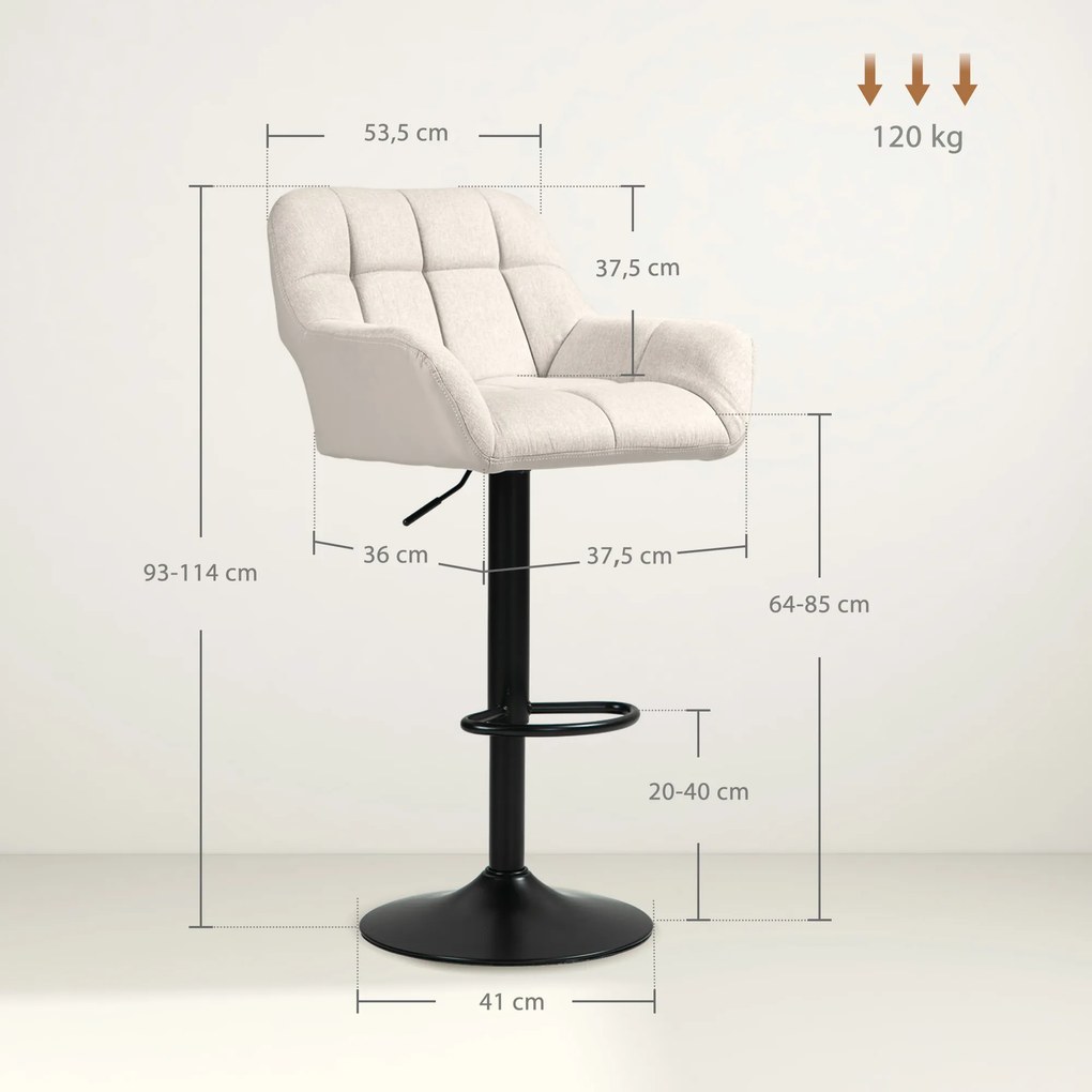 HOMCOM Barová židle Sada 2 kusů Retro design Výškově nastavitelná Umělá kůže Optika lnu Krémová + Černá