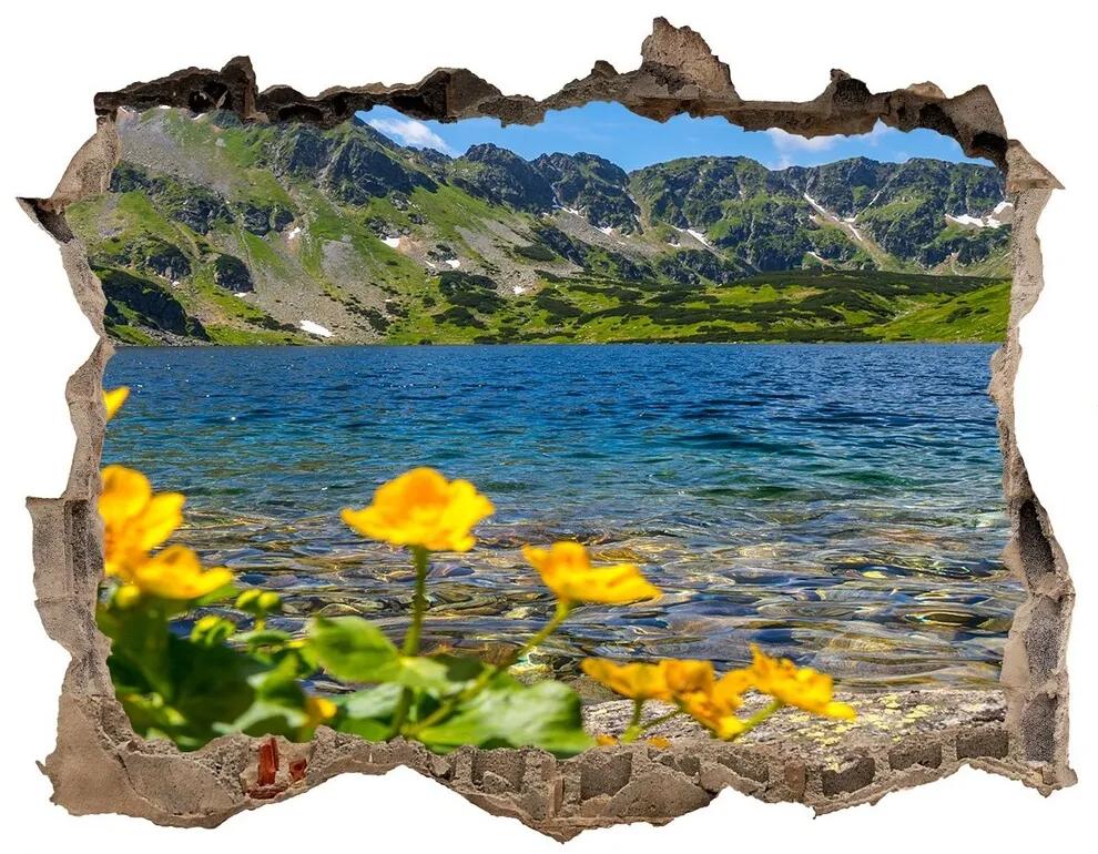 Wallmuralia Díra 3D ve zdi nálepka Jezero v horách 95x64 cm